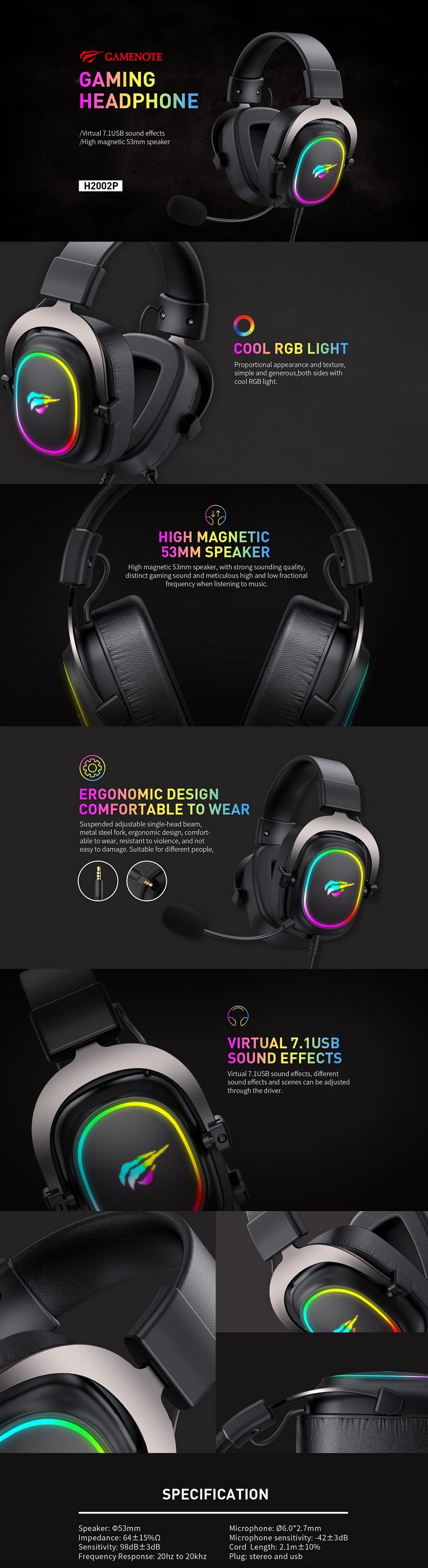 HAVIT H2002P GAMENOTE USB7.1 GAMING HEADPHONE WITH MIC