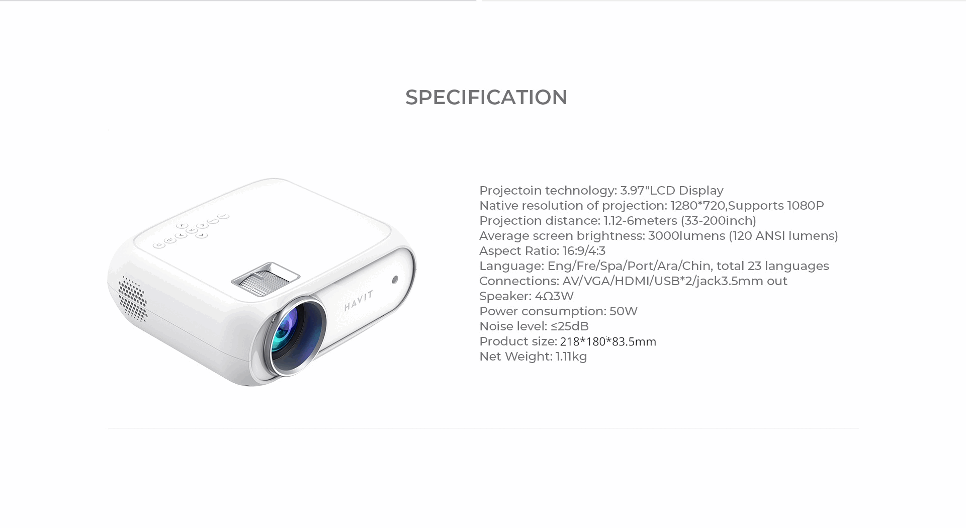 HAVIT PJ201 720P HD PROJECTOR WITH WiFi CONNECTION