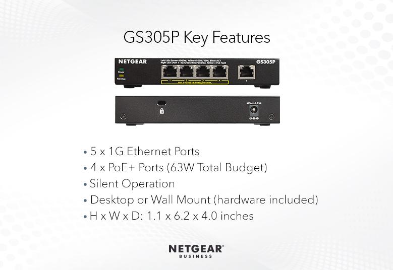NETGEAR GS305P 5-PORT UNMANAGED ETHERNET SWITCH W/4-PORT PoE