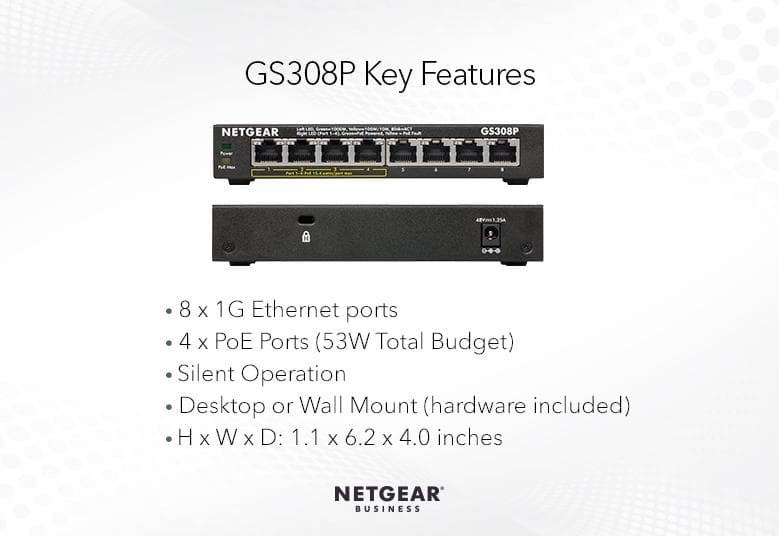 NETGEAR GS308P 8-PORT GIGABIT UNMANAGED DESKTOP SWITCH W/4-PORT PoE