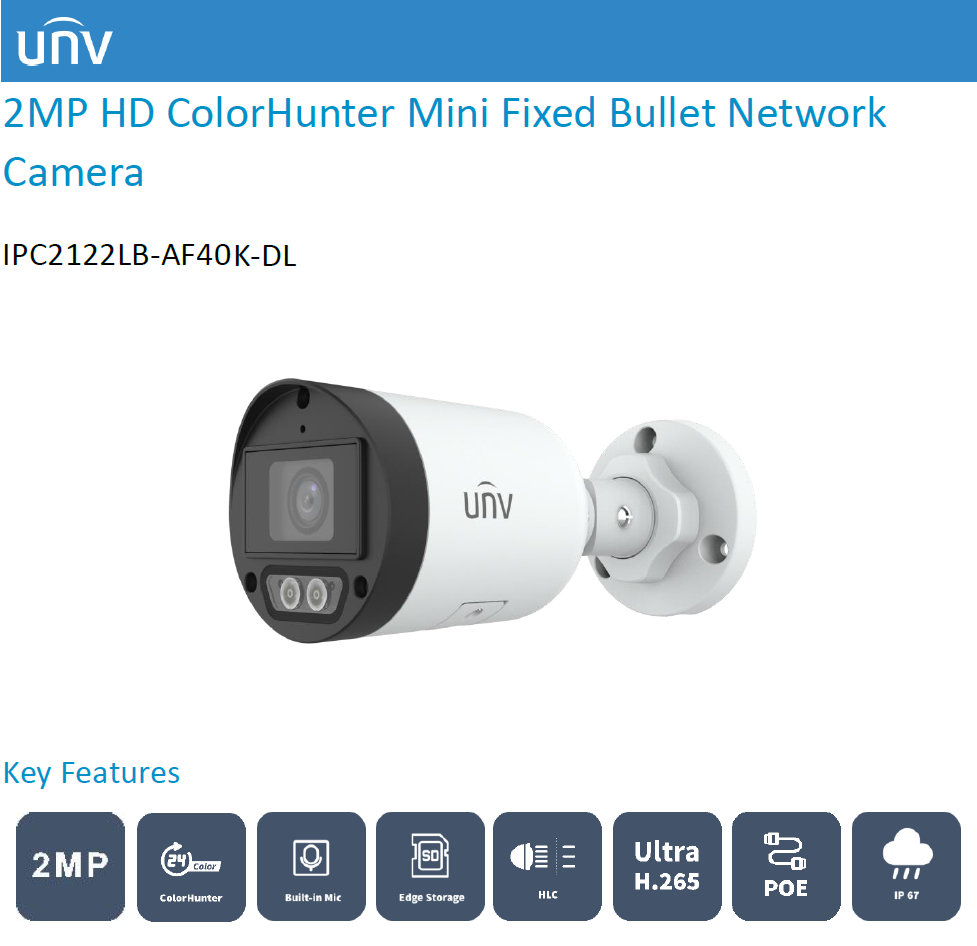 Uniview IPC2122LB-AF40K-DL 2MP HD ColorHunter Mini Fixed Bullet Network Camera