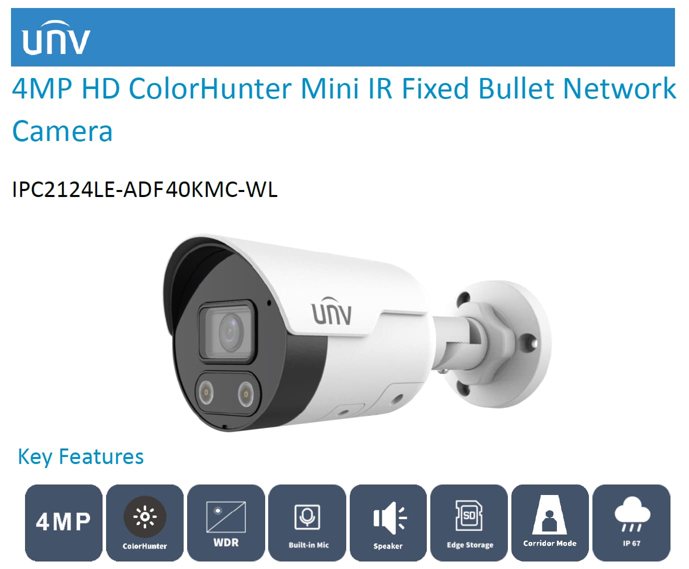 UNV IPC2124LE-ADF40KMC-WL HD COLORHUNTER 4.0MP/4mm/30m IR BULLET IP CAMERA W/SD CARD SLOT